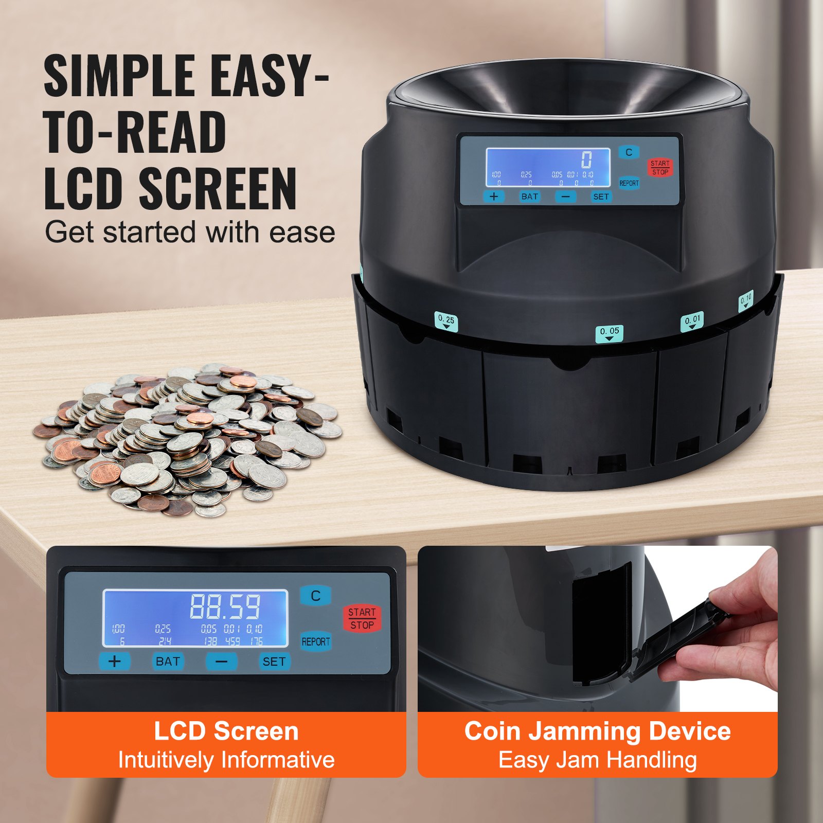 VEVOR USD Coin Sorter Coin Counter Wrapper and Roller 300 Coins/min LCD ...