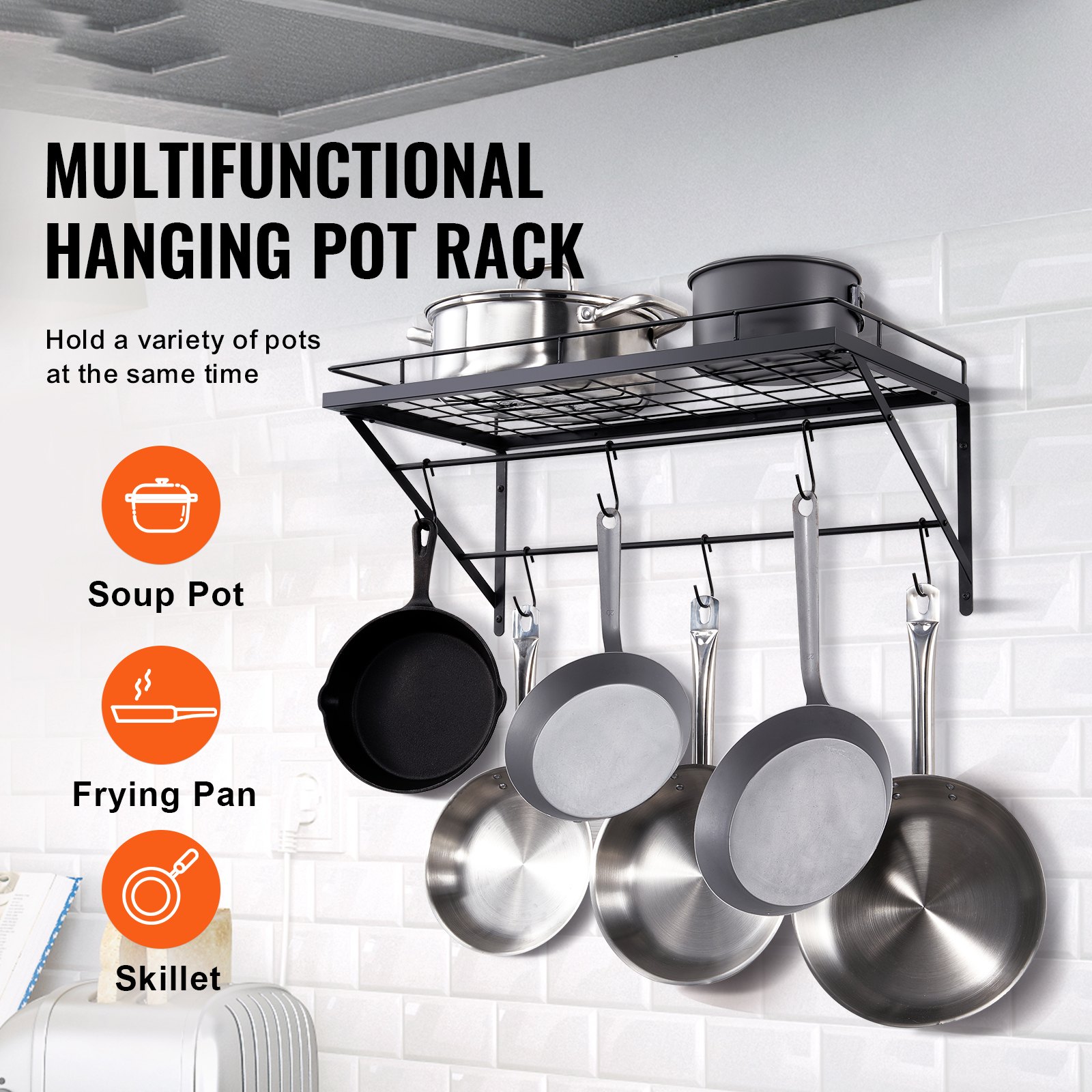 VEVOR Pot Rack Wall Mounted, 24 inch Pot and Pan Hanging Rack Manual ...