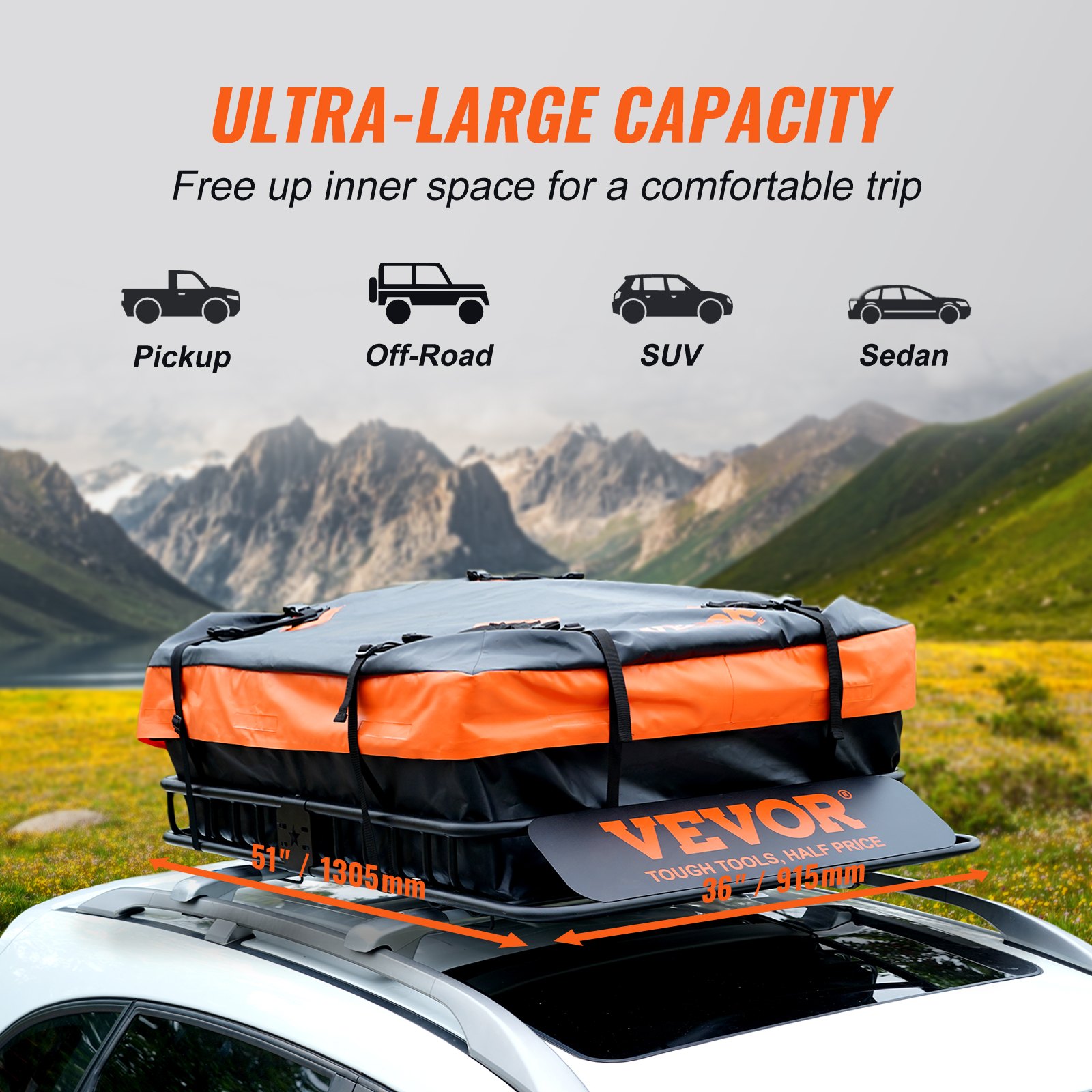VEVOR Roof Rack Cargo Basket 200 LBS 51"x36"x5" for SUV Truck with ...