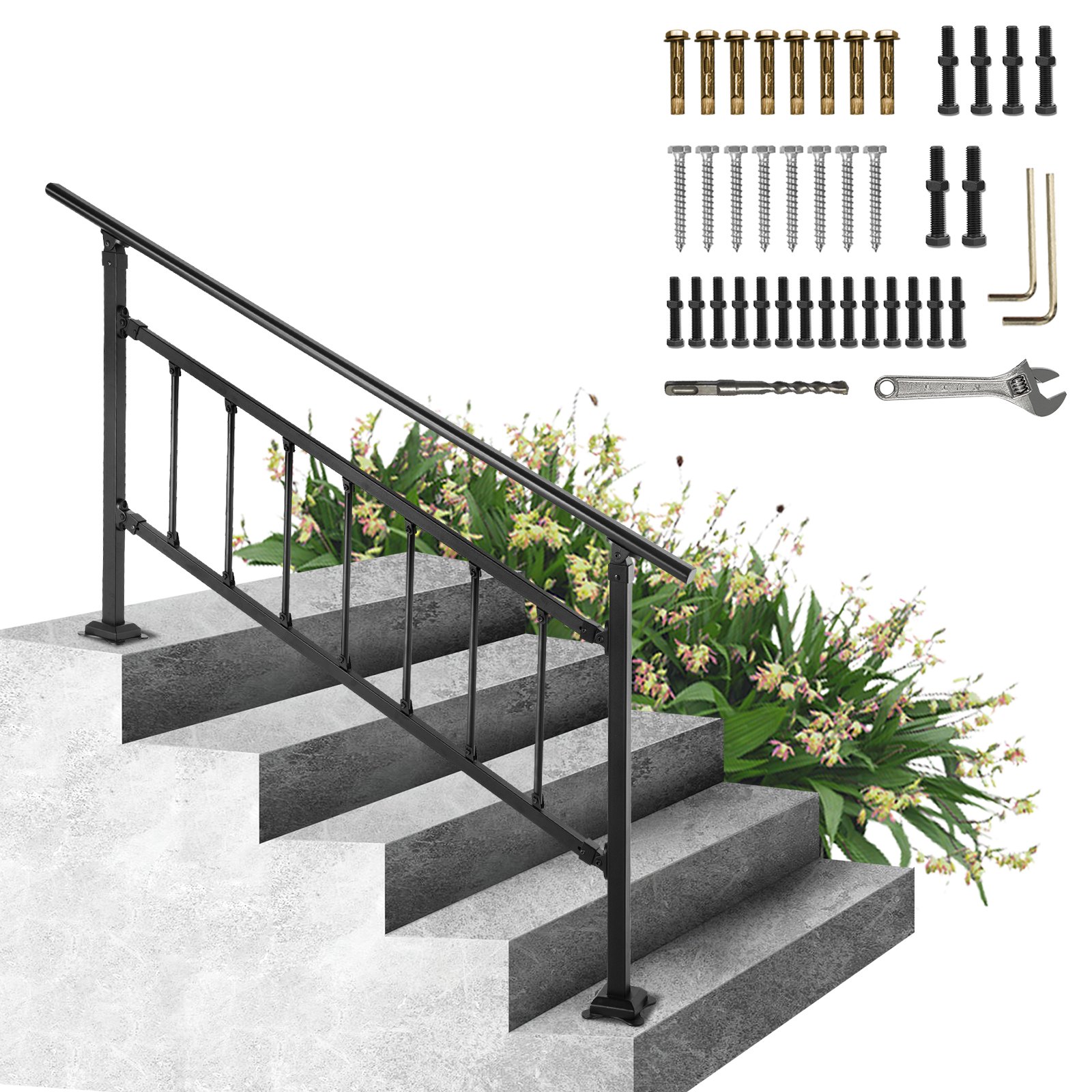 VEVOR Outdoor Stair Railing, Fits for 1-5 Steps Transitional Wrought ...